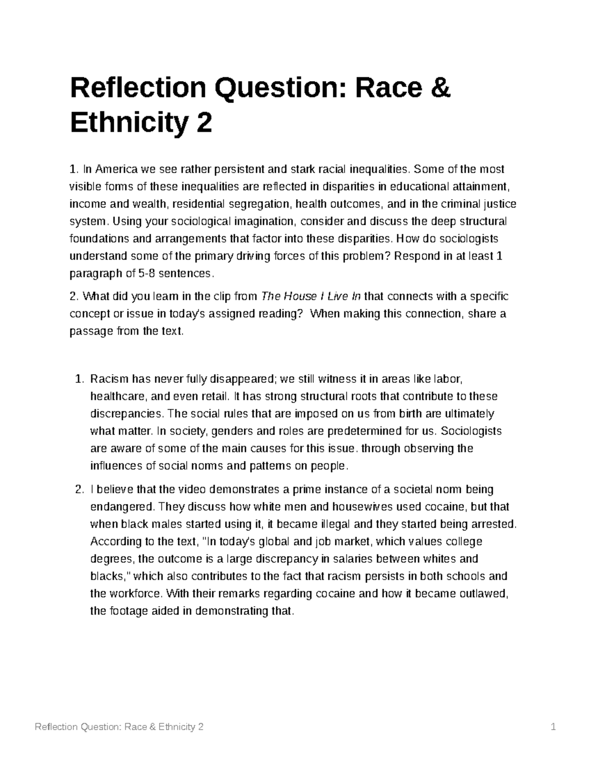 Reflection Question Race Ethnicity 2 - Reflection Question: Race ...