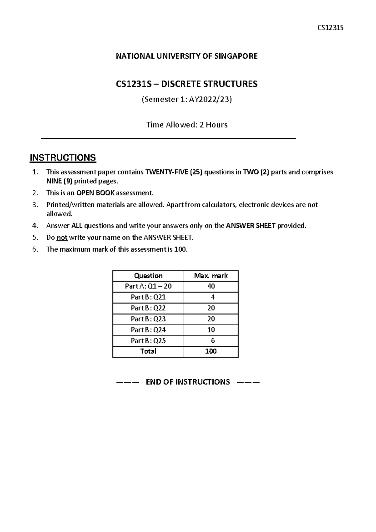 2223 qns - Paper - NATIONAL UNIVERSITY OF SINGAPORE CS1231S – DISCRETE STRUCTURES (Semester 1 ...
