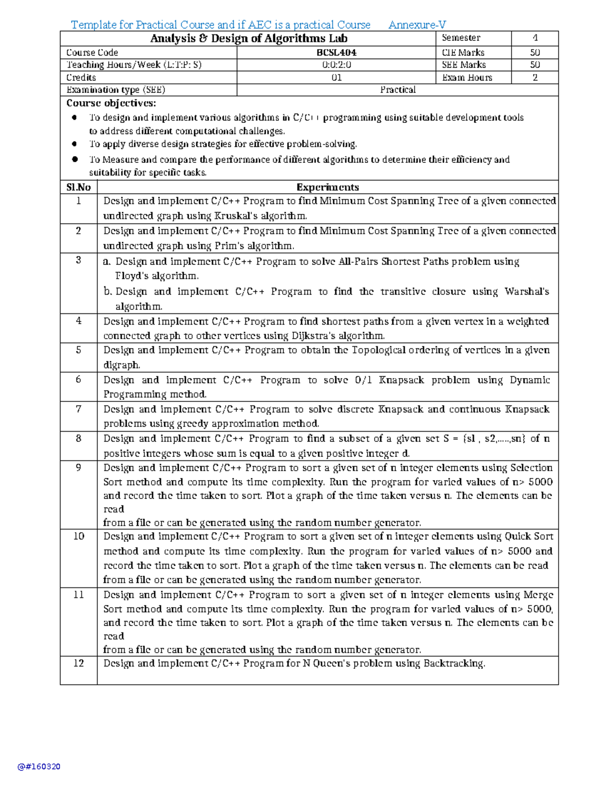 Analysis and Design of algorithms lab - Template for Practical Course and if AEC is a practical ...