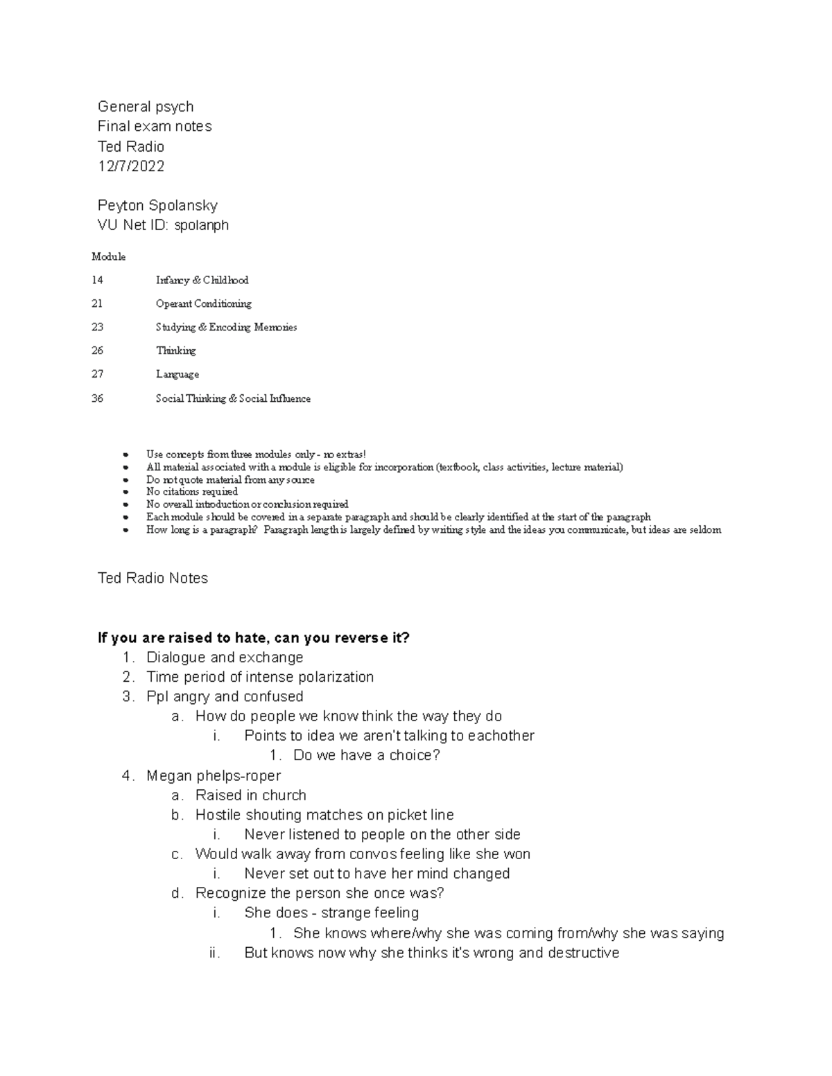 Gen psych final notes - General psych Final exam notes Ted Radio 12/7 ...