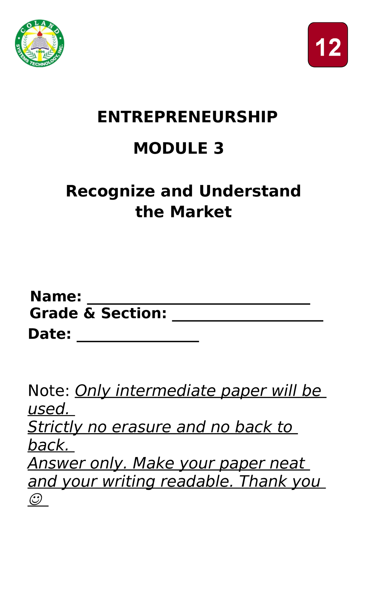 Entrep-Q1-M3 - Eeee - ENTREPRENEURSHIP MODULE 3 Recognize and ...