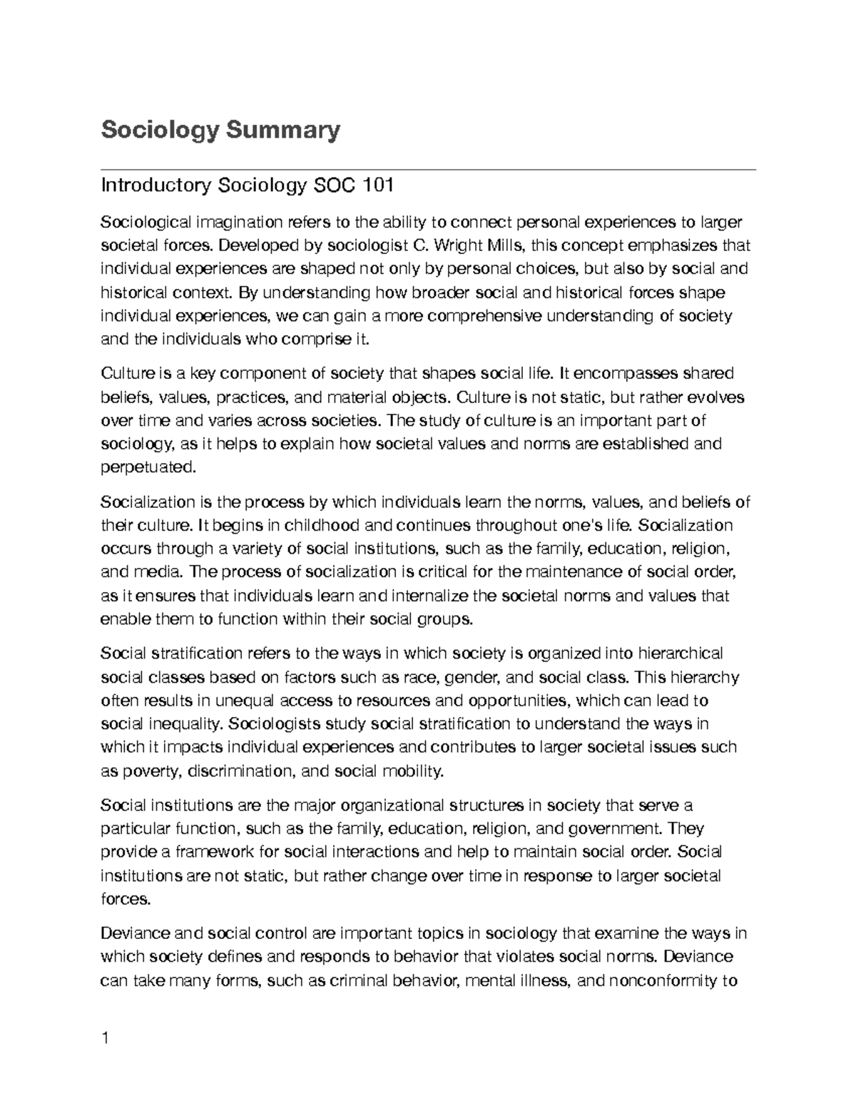 Intro To Sociology Notes - Sociology Summary Introductory Sociology SOC ...