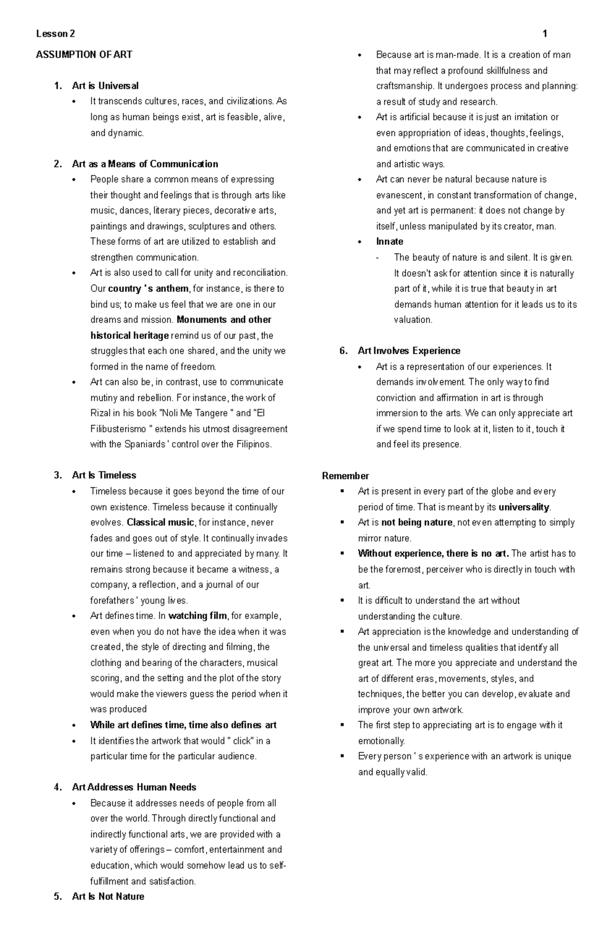 Lesson 2 - GEARTS - Lesson 2 1 ASSUMPTION OF ART 1. Art is Universal It ...