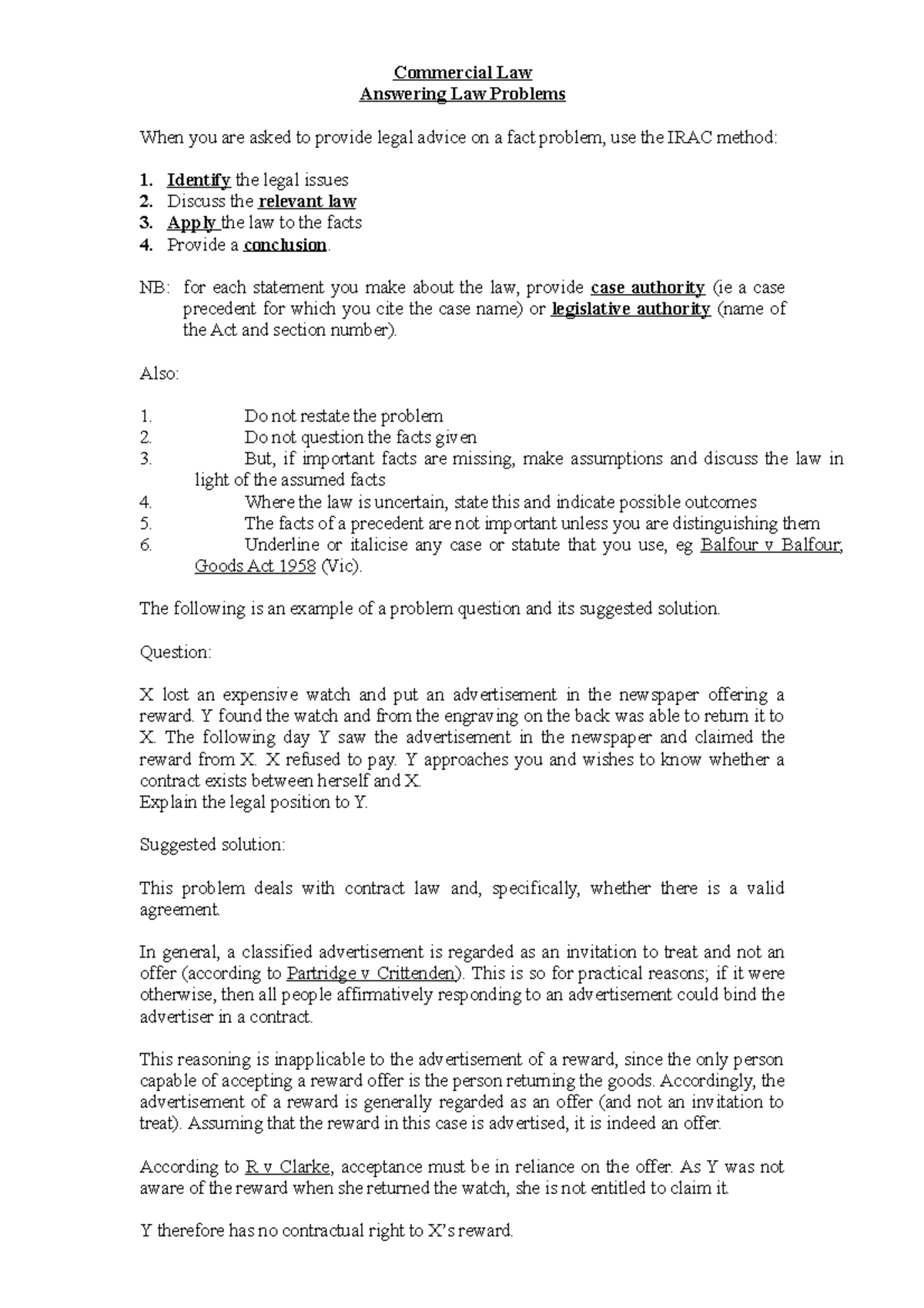 Answering Law Problems - 2. 3. 4. Identify the legal issues Discuss the ...