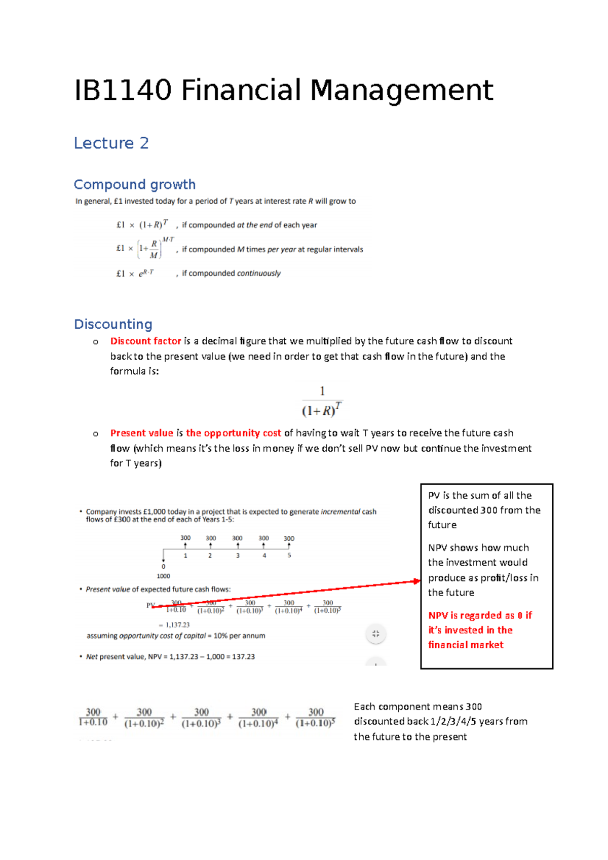 Lecture 2 cal related to discounting and NPV - IB1140 Financial Management Lecture 2 Compound ...