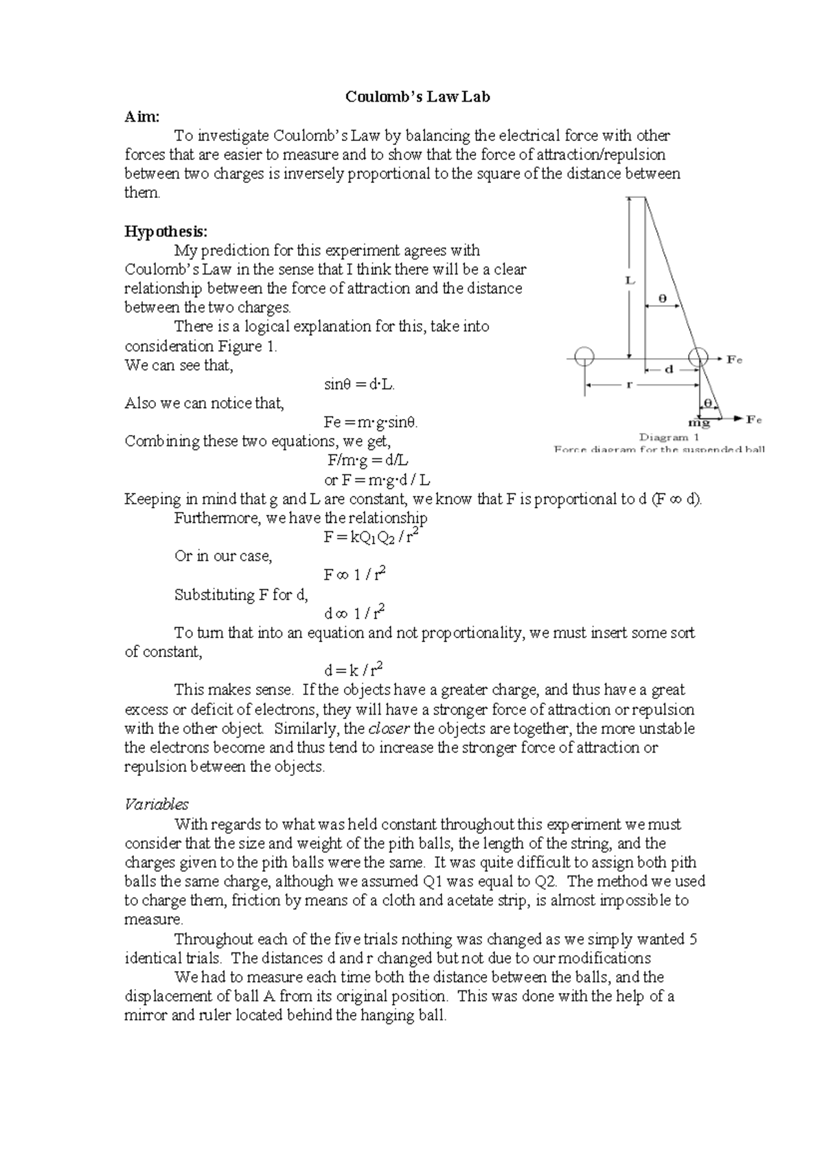 PDF Coulombs Law Lab - lab - Coulomb’s Law Lab Aim: To investigate ...