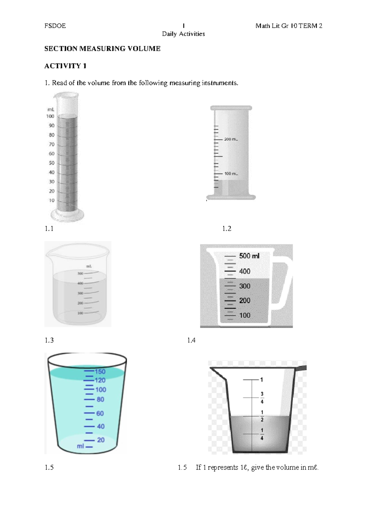 MATH LIT GR 10 Daily Activities Measuring Volume & Temperature - FSDOE ...