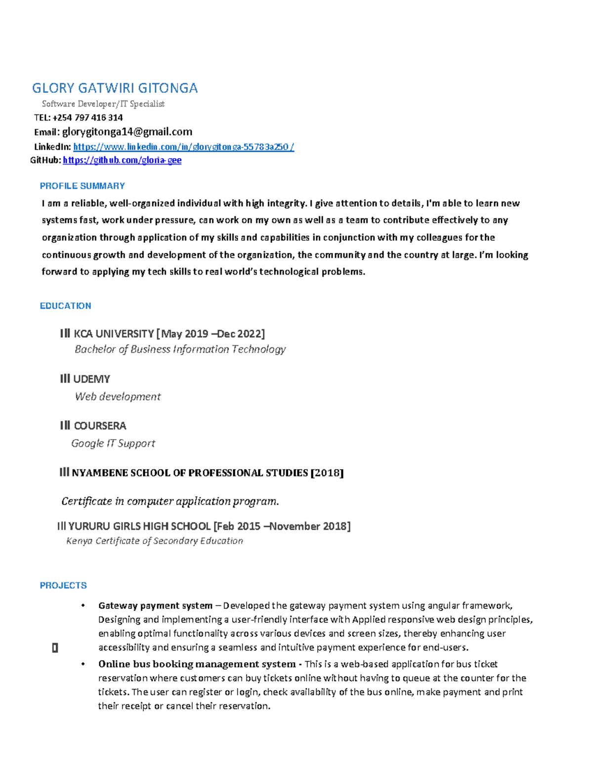Glory Gitonga Gatwiri CV 2 - GLORY GATWIRI GITONGA Software Developer/IT Specialist TEL: +254 ...