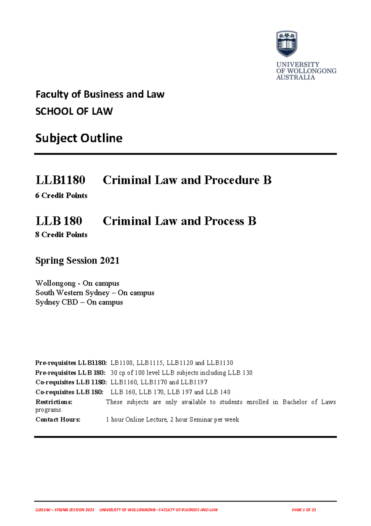 LLB180 Subject Outline - _LLB1180 3 SPRING SESSION 2021 UNIVERSITY OF ...