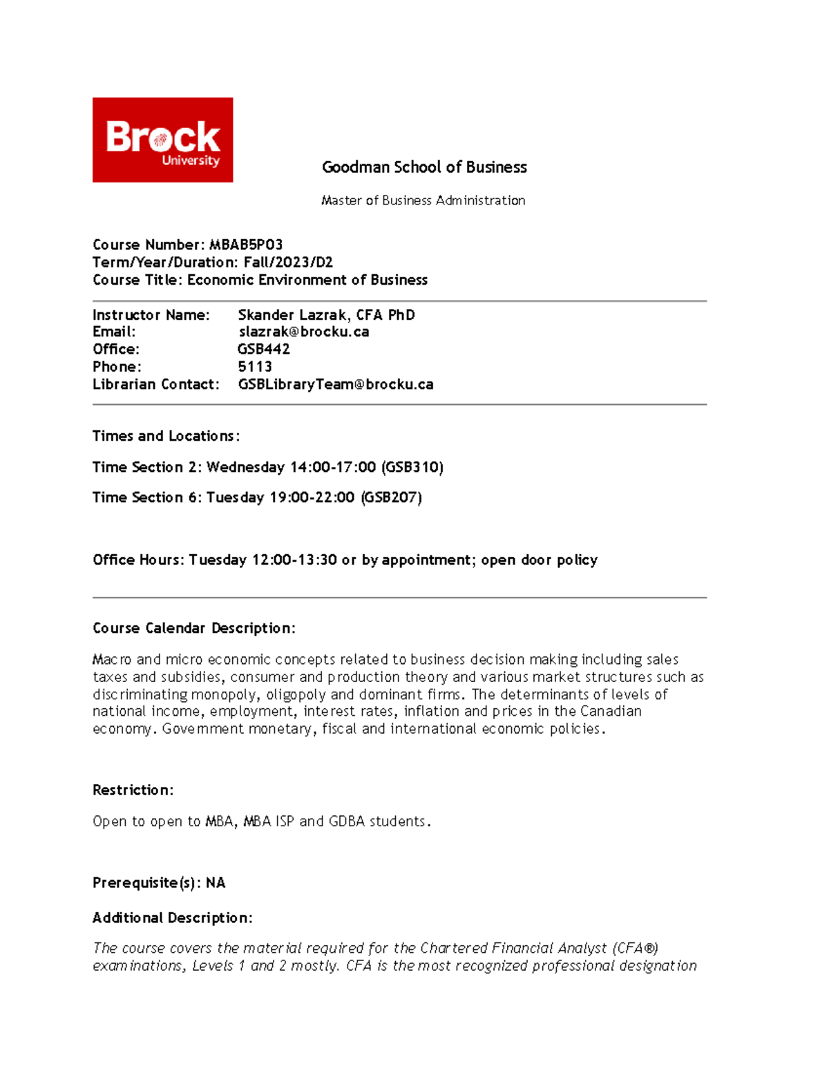 Syllabus MBAB 5P03 S2 S6 Fall 2023 - Copy - Course Number: MBAB5P 03 ...