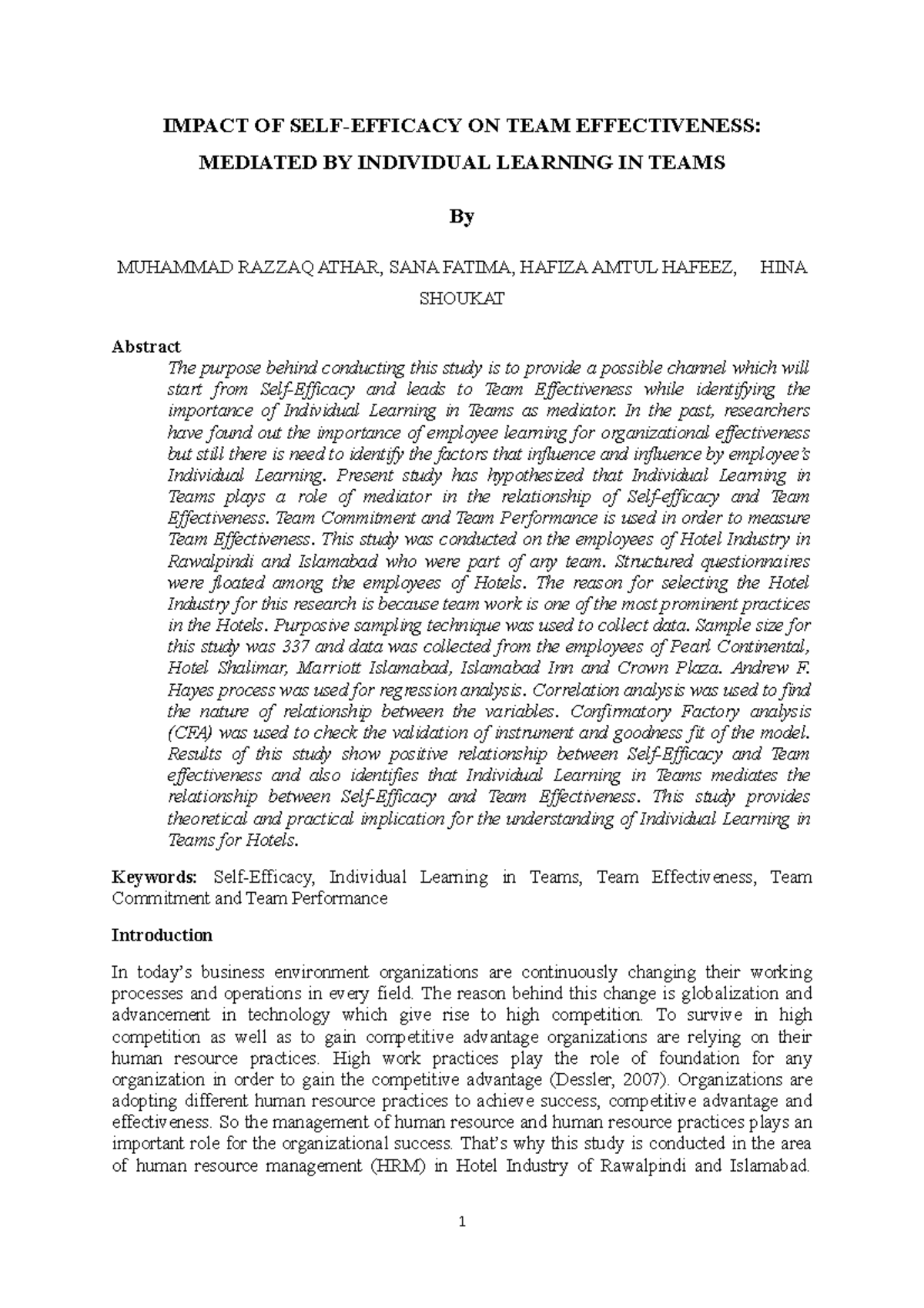 Amtul self efficacy paper - IMPACT OF SELF-EFFICACY ON TEAM ...