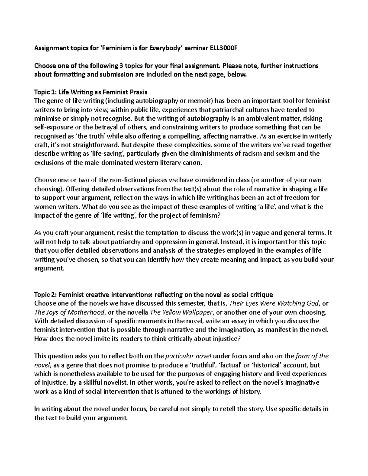 Assignment topics for Feminism is for Everybody 2022 - Assignment ...