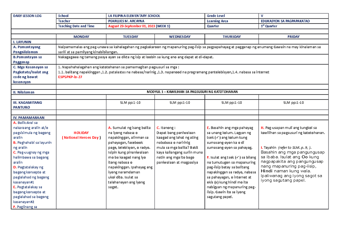 ESP DLL Q1 W1 - lesson plan - DAILY LESSON LOG School LA FILIPINA ...