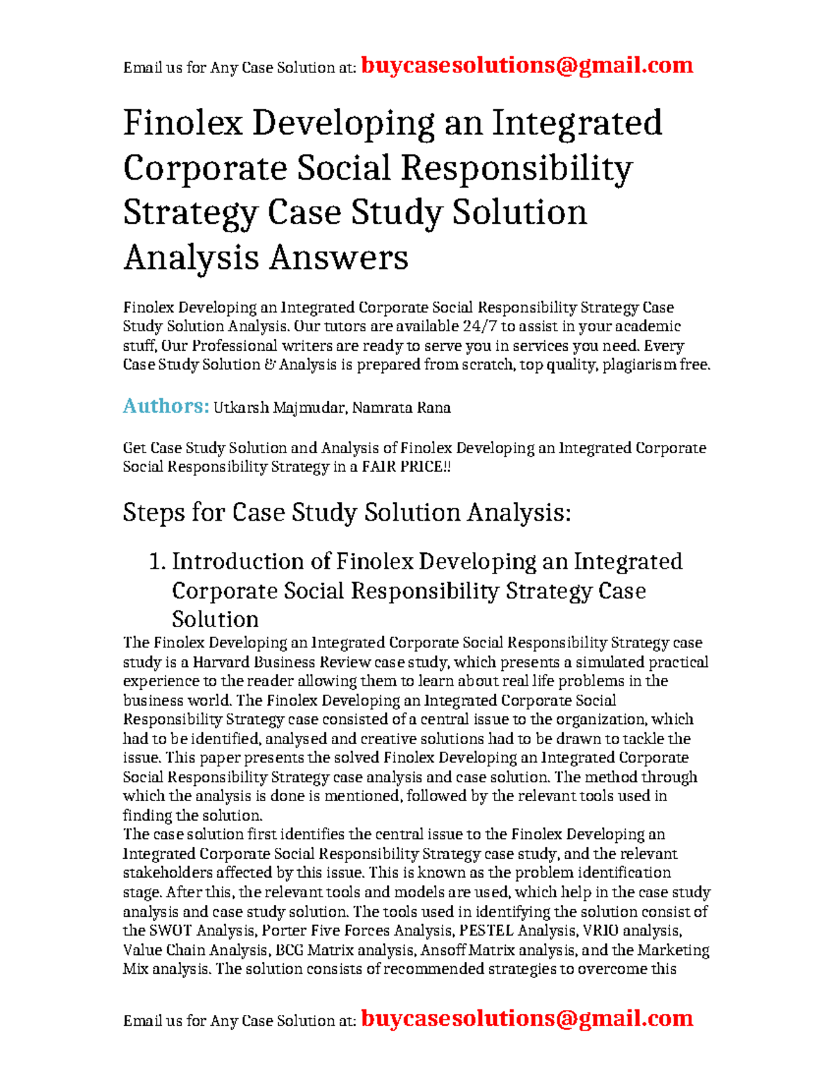 Case Solution Finolex Developing an Integrated Corporate Social Responsibility Strategy ...