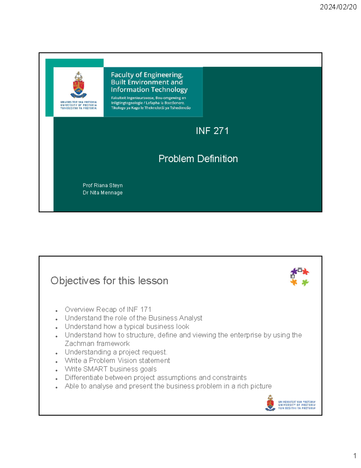 Lecture 1 - Zachman and Problem definition class notes - Problem ...