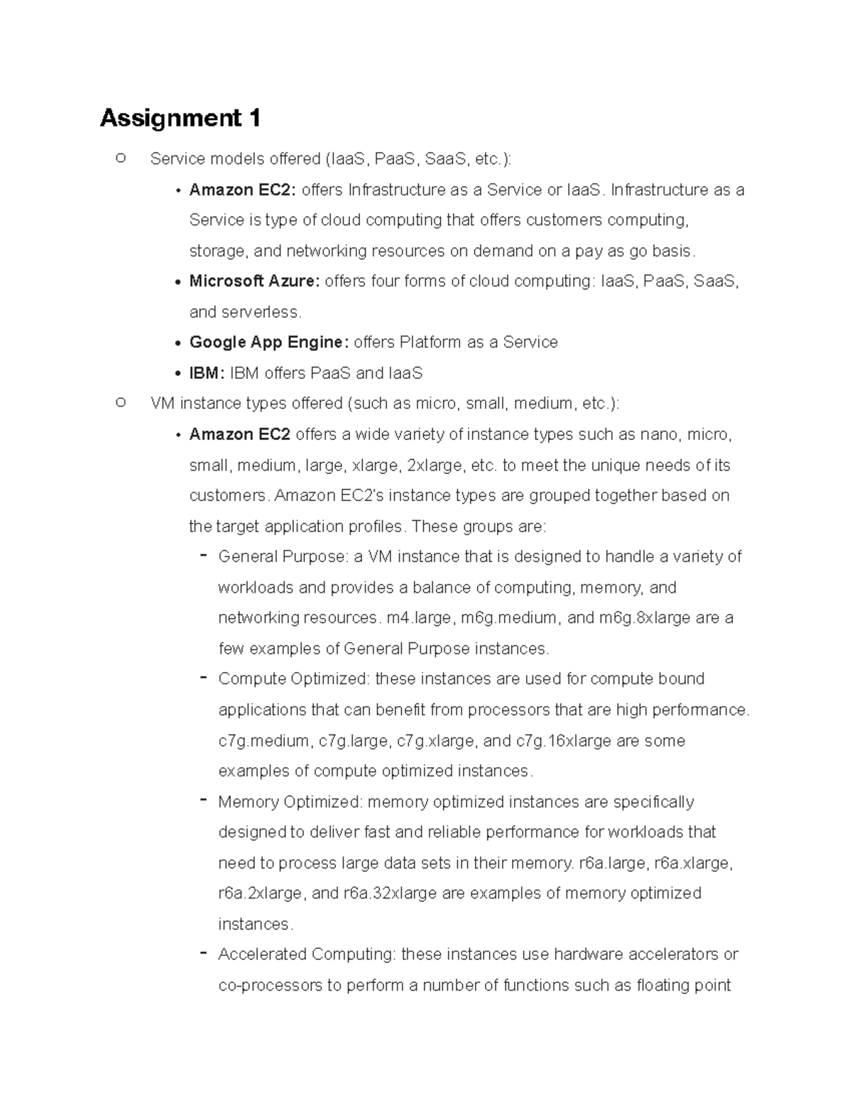 Assignment 1 - ITM 711 - Assignment 1 Service models offered (IaaS, PaaS, SaaS, etc.): • Amazon ...