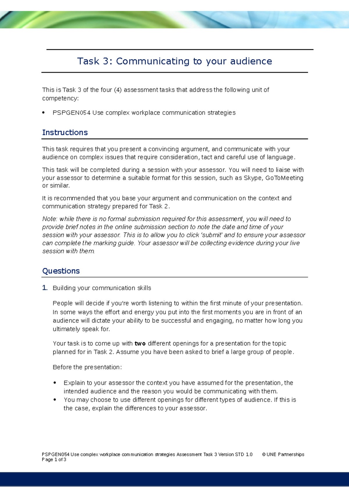 Pspgen 054 Communication Strategies Assessment Task 3 V STD 1 - UNE ...