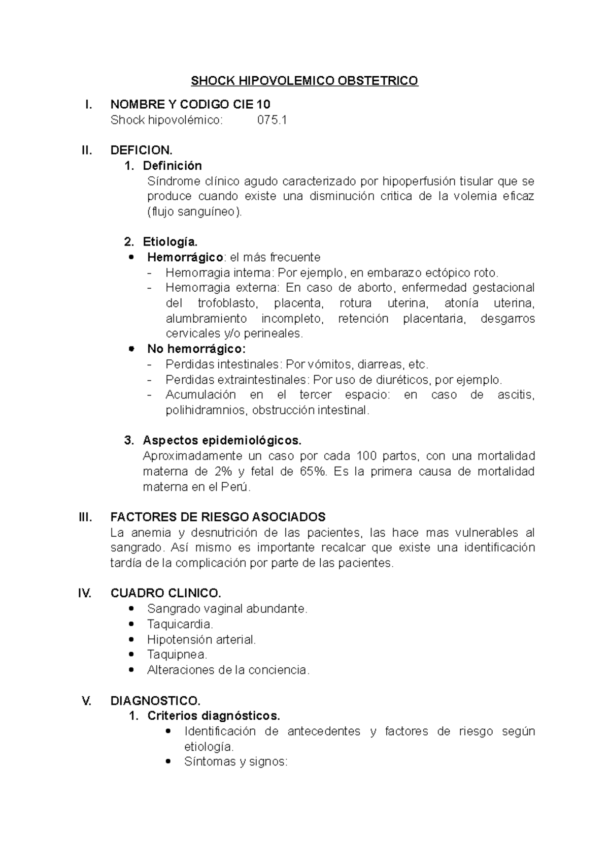 shock hipovolémico - SHOCK HIPOVOLEMICO OBSTETRICO I. NOMBRE Y CODIGO ...