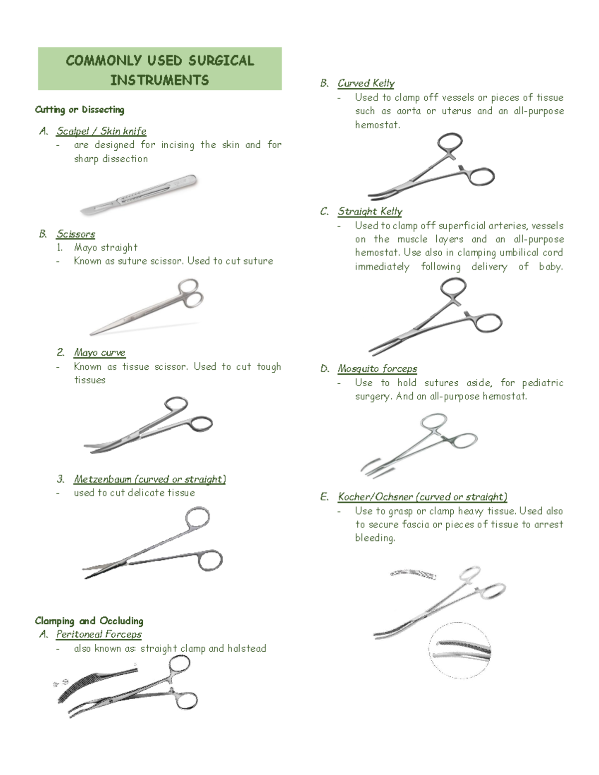Commonly Used Surgical Instruments - Cutting or Dissecting A. Scalpel ...