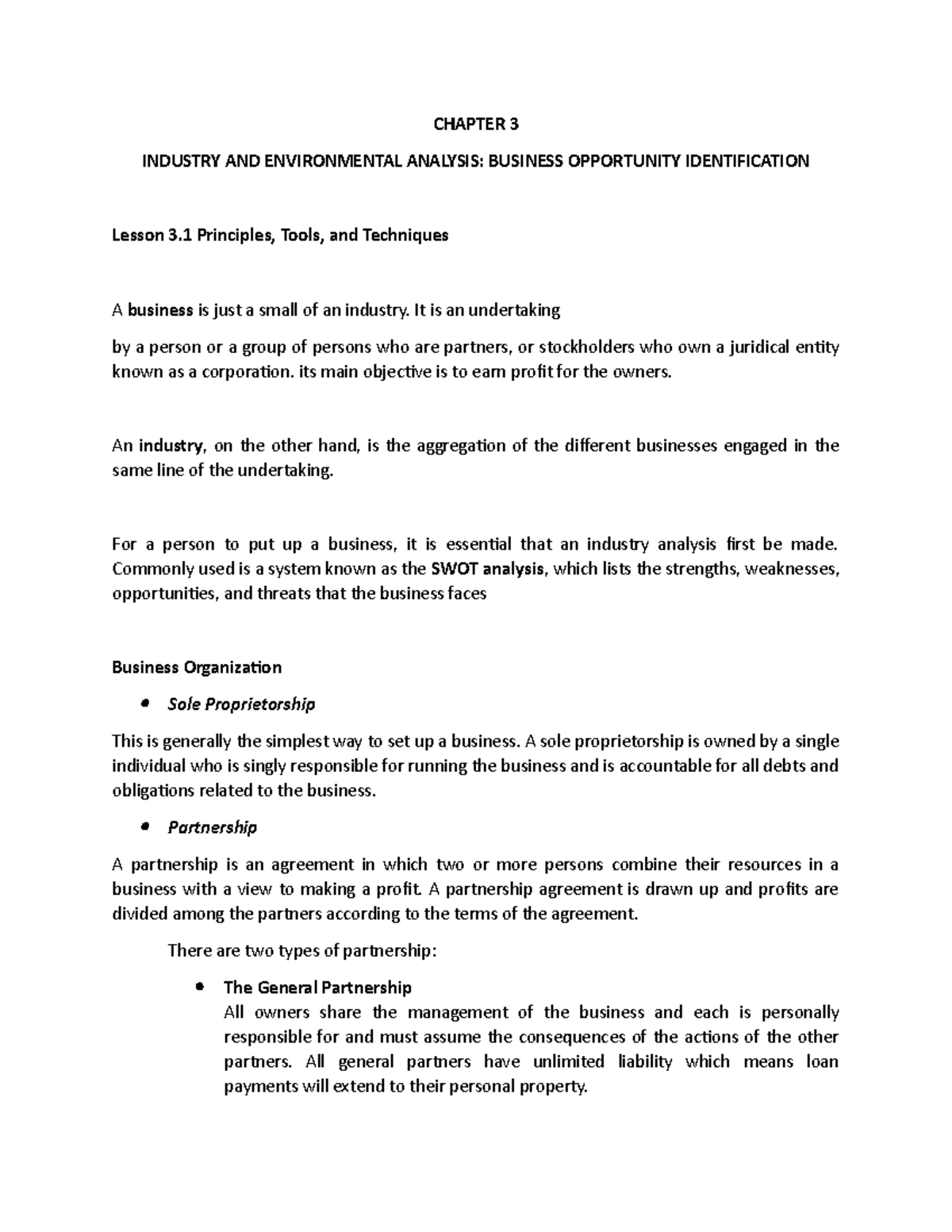 LECTURE NOTES IN ECONOMICS WHICH IS CHAPTER THREE - CHAPTER 3 INDUSTRY ...