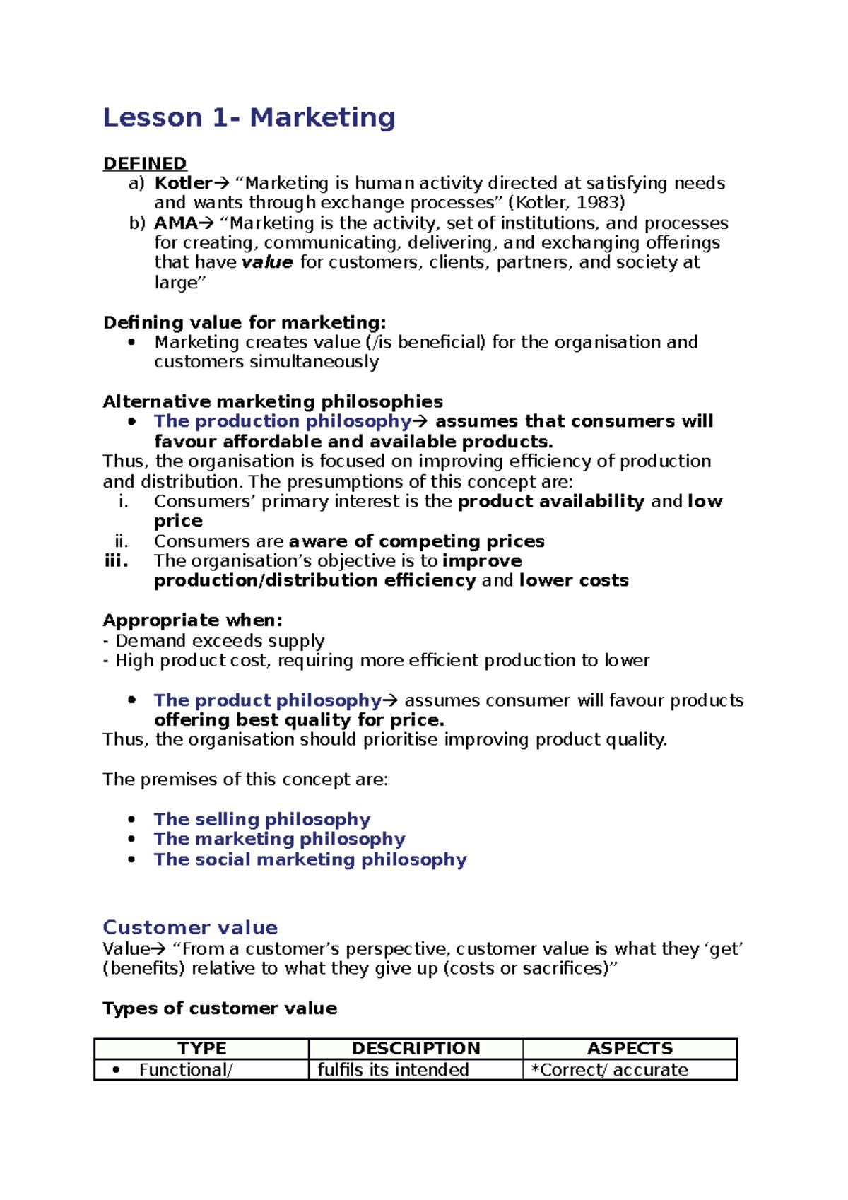 1. Value - MGF1010 notes 1 - Lesson 1- Marketing DEFINED a) Kotler ...