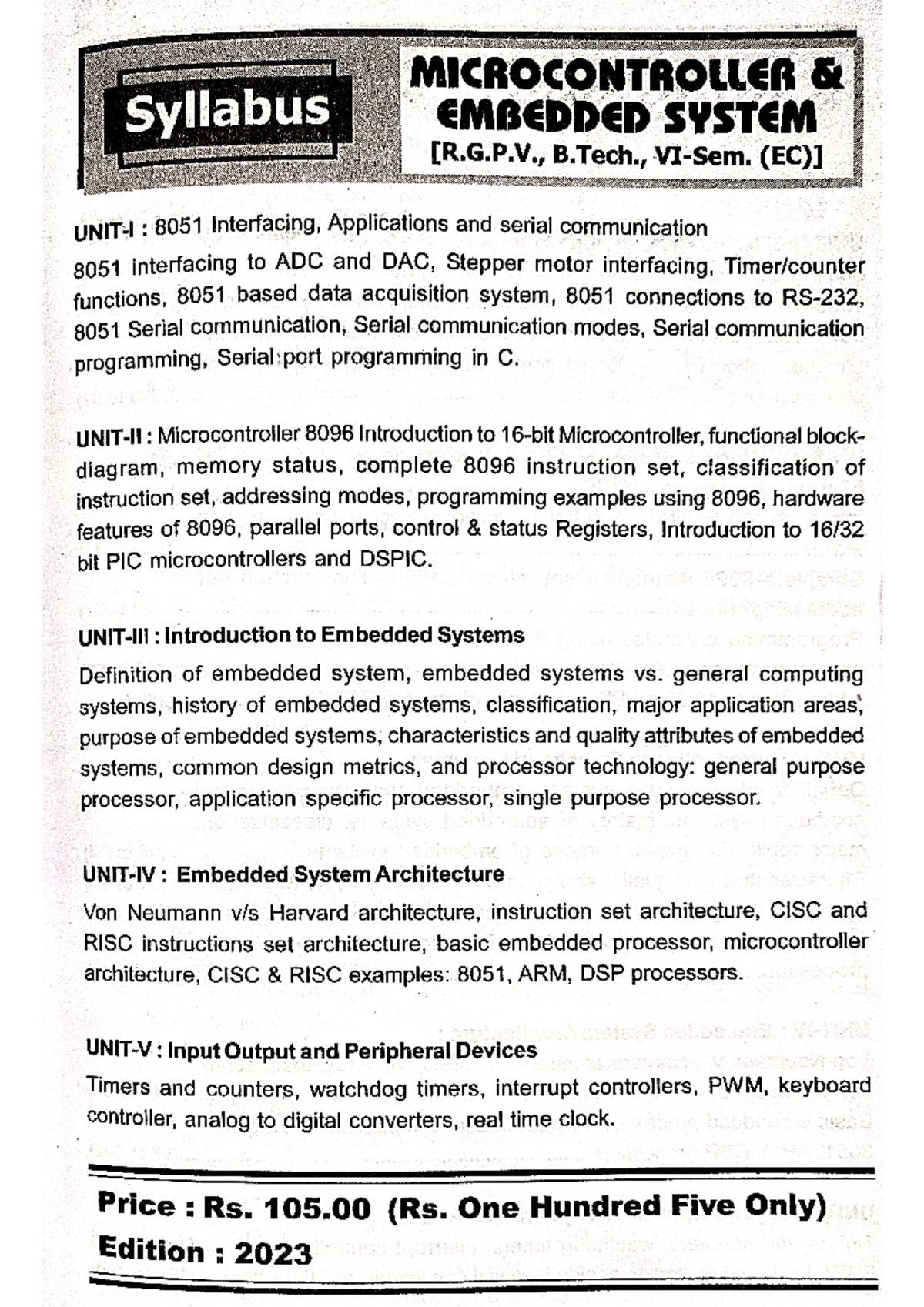 Microcontroller UNIT 1 Shivani - MICROCONTROLLER Syllabus EMBEDDED SYSTEM B., : 8051 Interfacing ...
