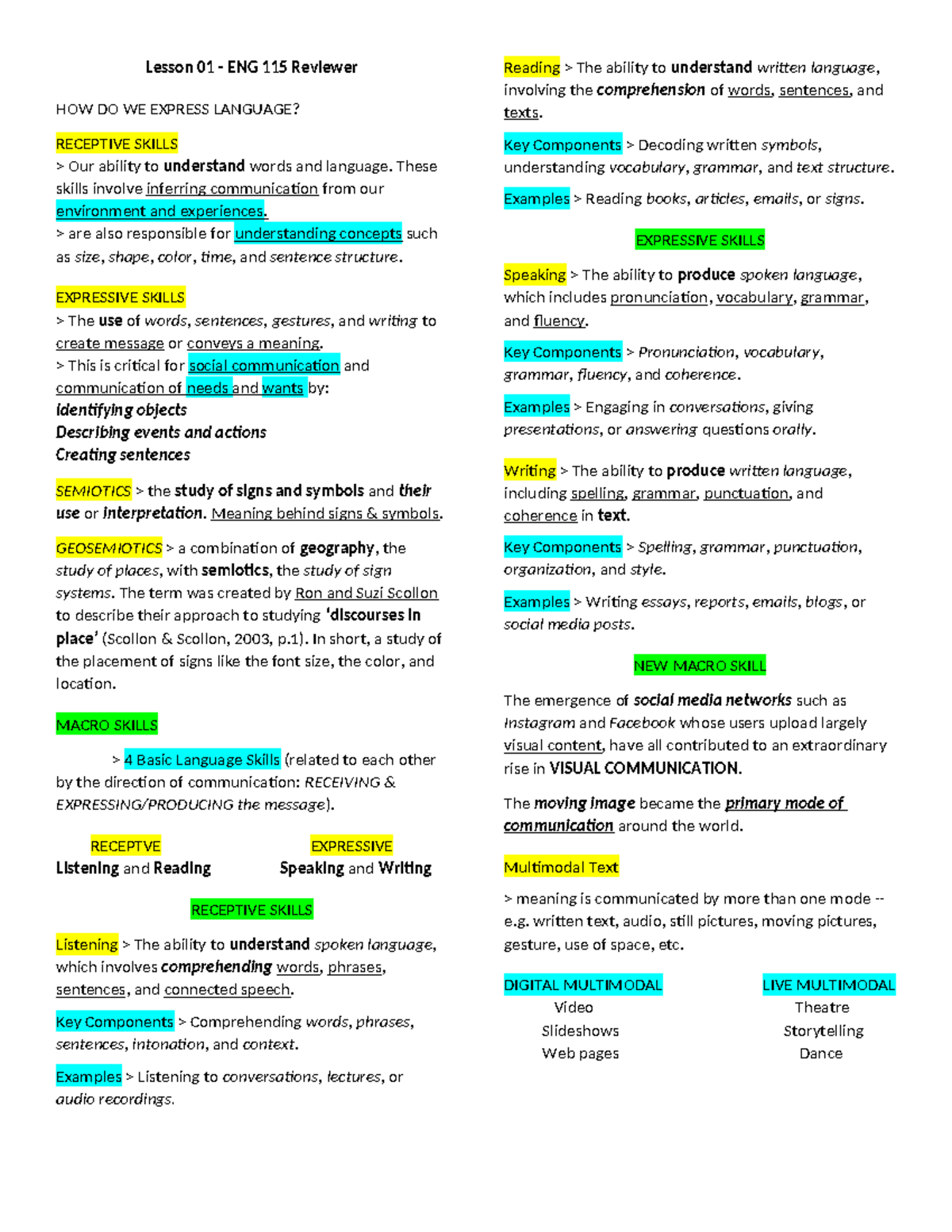 Lesson-01-Reviewer - Lesson-01-Macro-Skills - Lesson 01 - ENG 115 ...