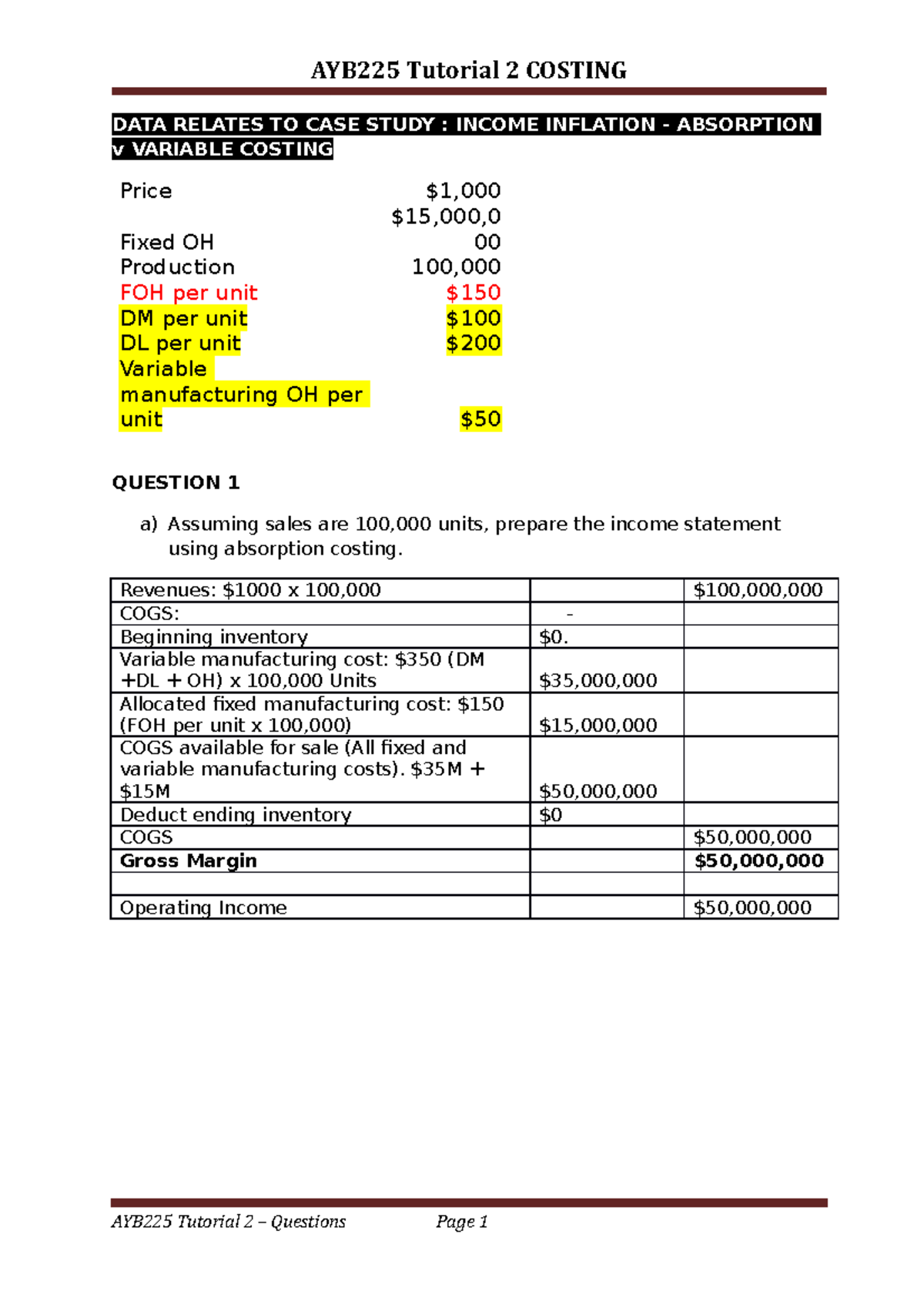 AYB225 Tutorial 2 Questions + Analysis - AYB225 Tutorial 2 COSTING DATA ...