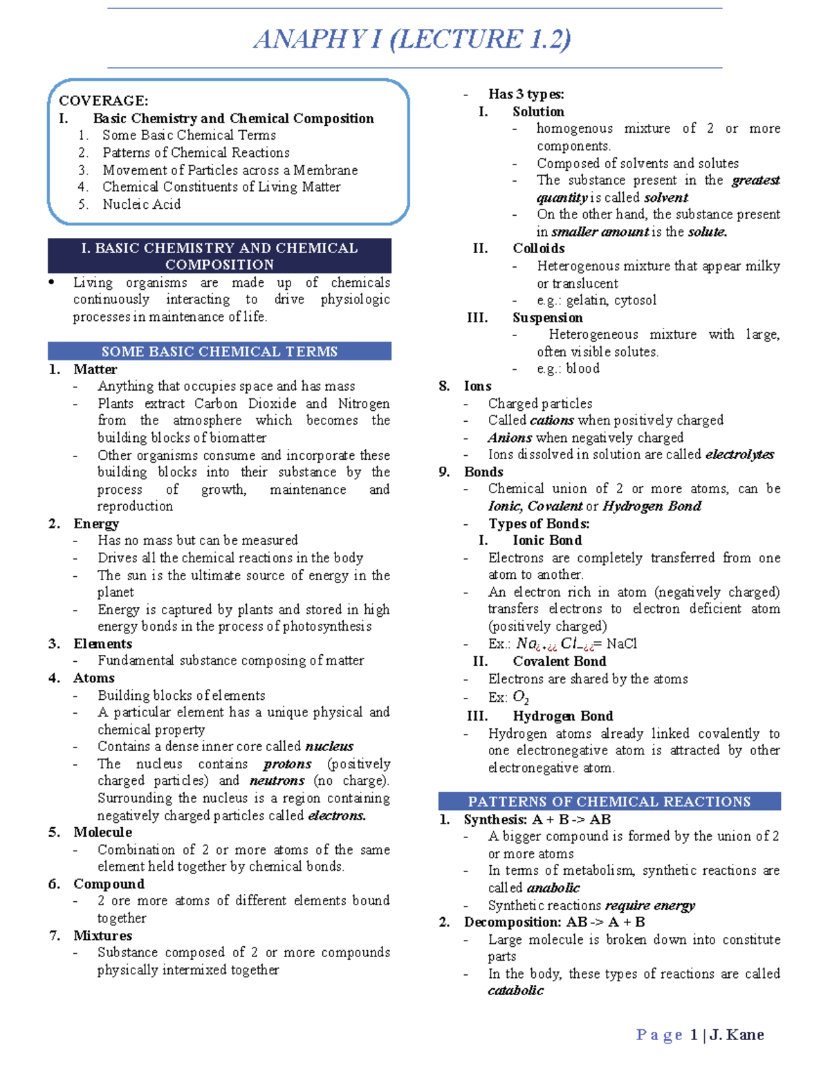 Anaphy Lecture 1 - CHECK NIYO NALANG WHAT TOPIC - I. BASIC CHEMISTRY ...