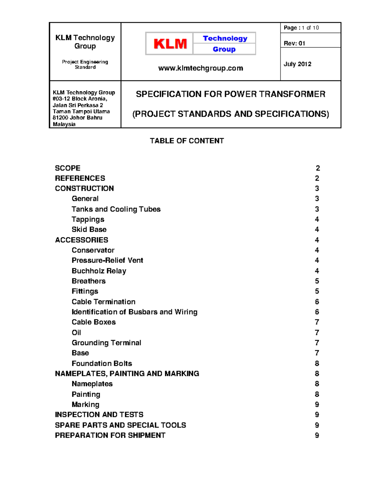 (Dike part focus) Project Standard AND Specifications power transfromer ...
