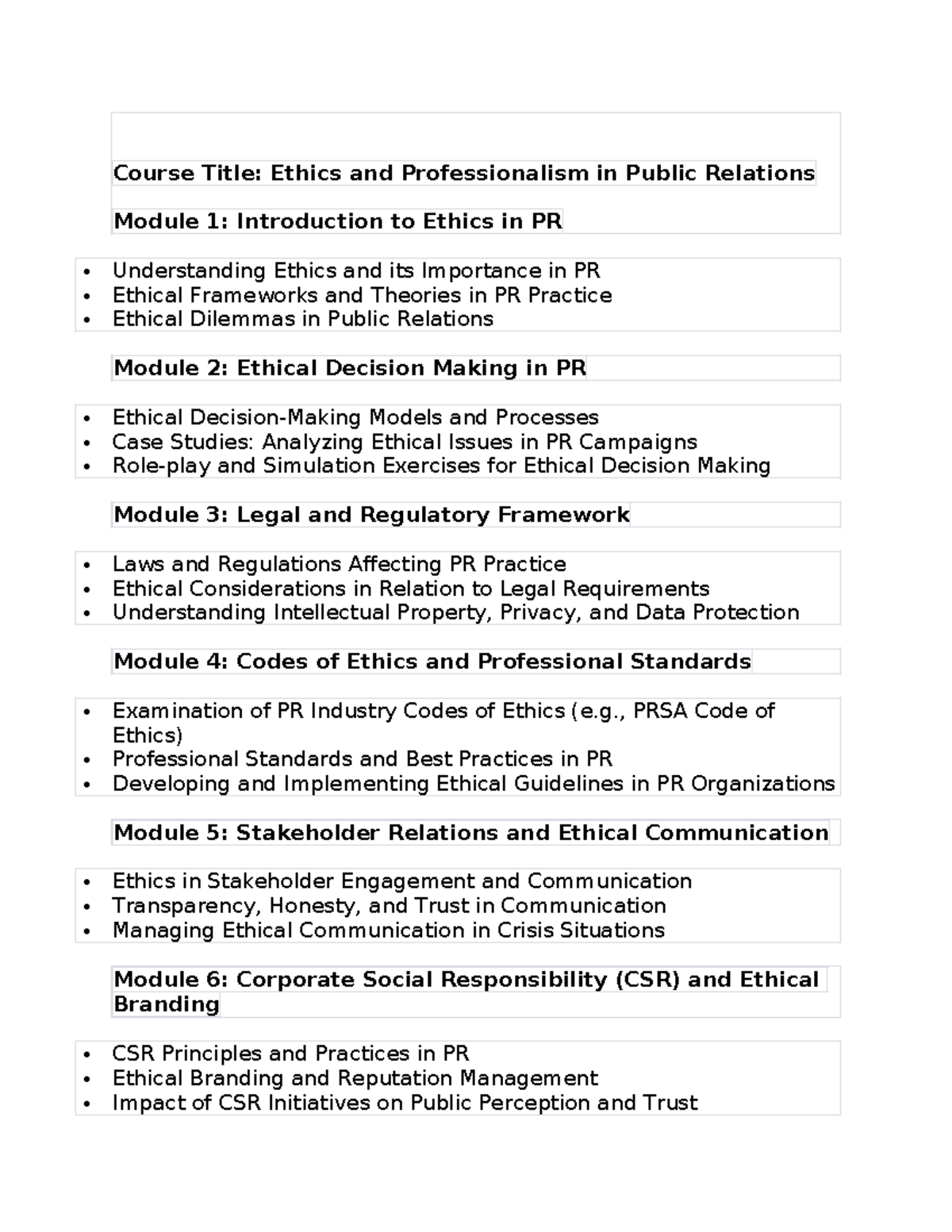 Ethics AND Proffessionalism IN PR - Course Title: Ethics and ...