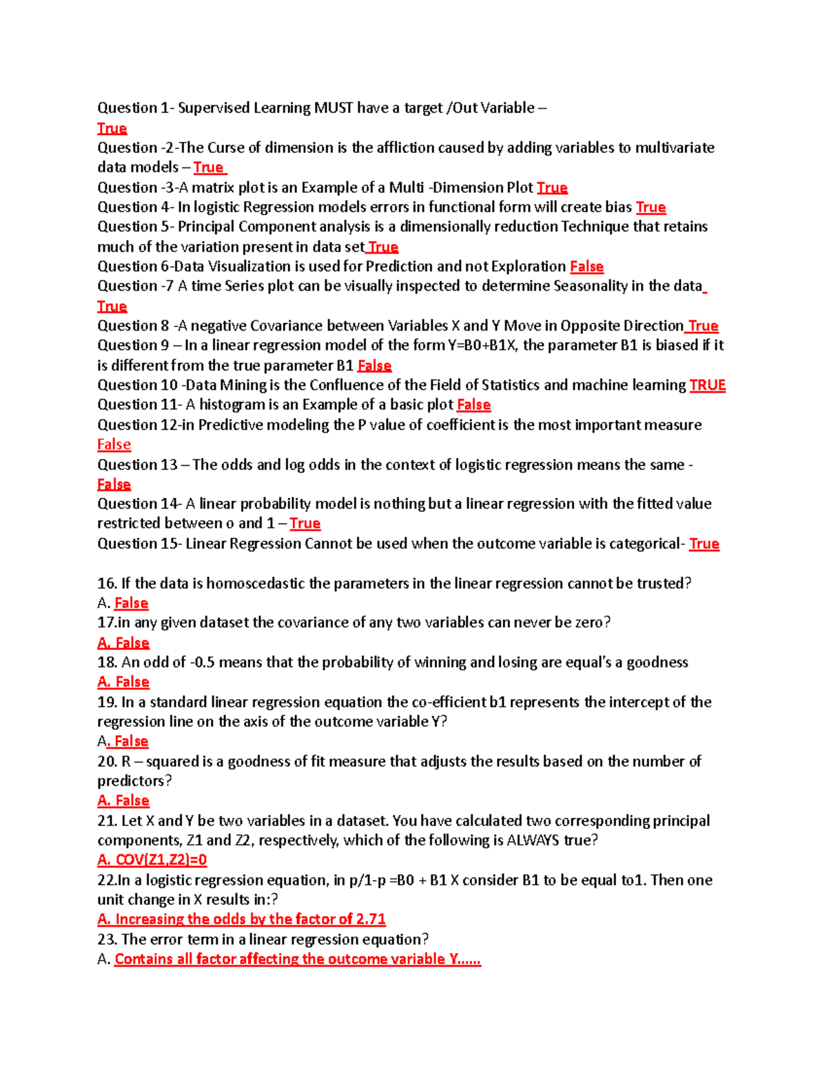 Data mining final - This document will help you for exam practice. - Question 1- Supervised ...