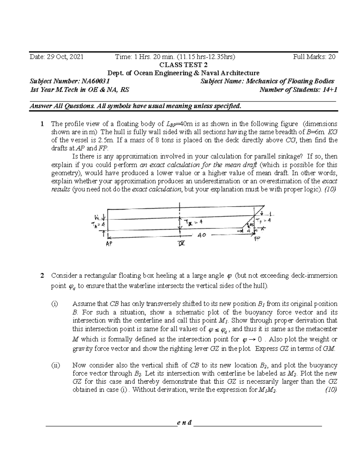 Mfb 2021 class test 2 - Date: 29 Oct, 2021 Time: 1 Hrs. 20 min. (11 hrs ...