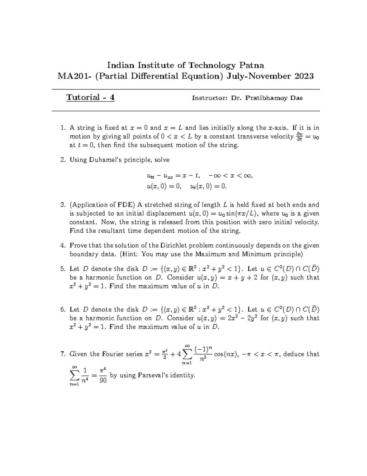 Math tutorial 4 - Hhnsjjdjdjdjdj - Indian Institute of Technology Patna MA201- (Partial ...