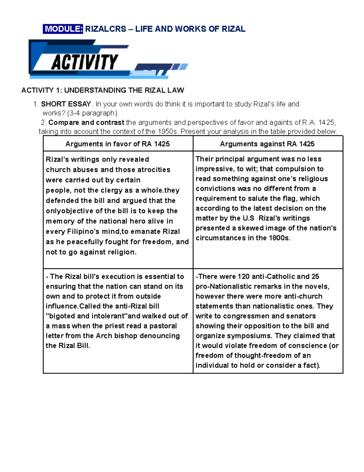 Activty 1 Olrizal - to help others - MODULE: RIZALCRS – LIFE AND WORKS ...