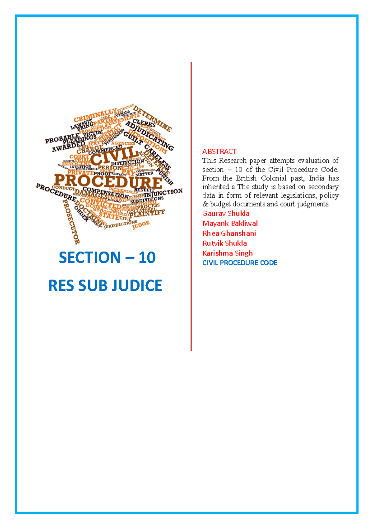 320383510 CPC Project docx - SECTION – 10 RES SUB JUDICE ABSTRACT This ...