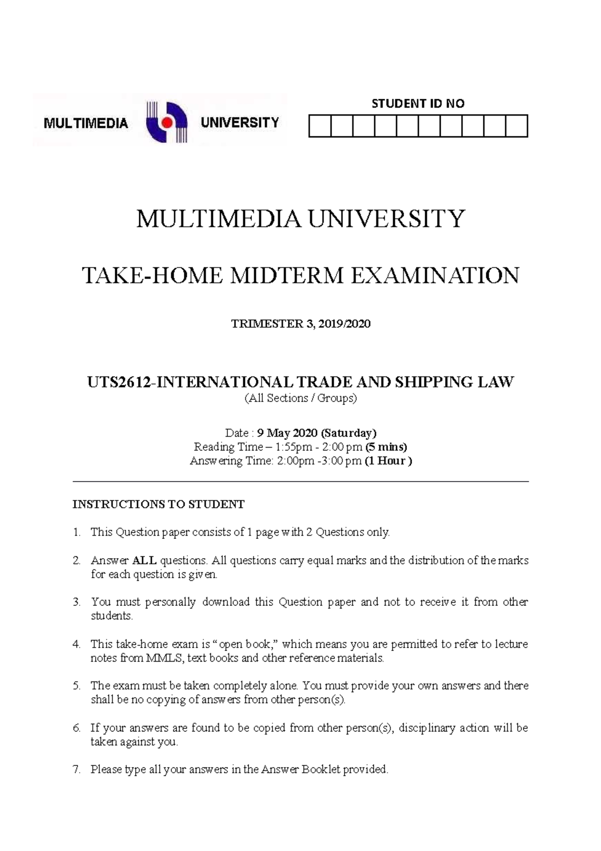 334611 Midterm Exam Question Paper (UTS2612-International Trade and ...