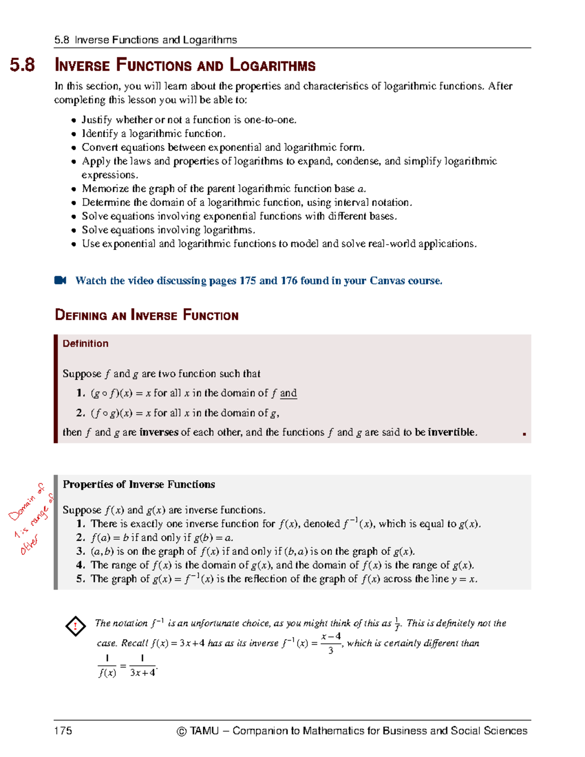 Module 5.8 Notes - 5 Inverse Functions and Logarithms 5 Inverse ...