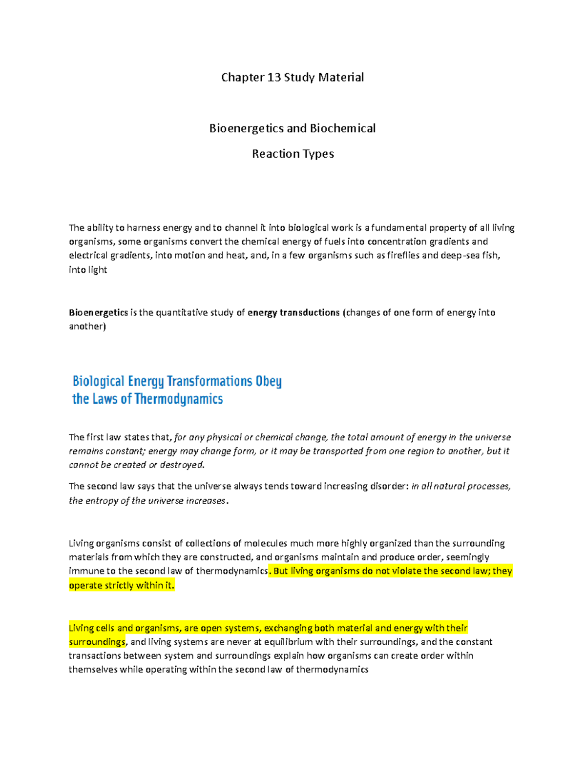Chapter 13 Study Material - Chapter 13 Study Material Bioenergetics and ...