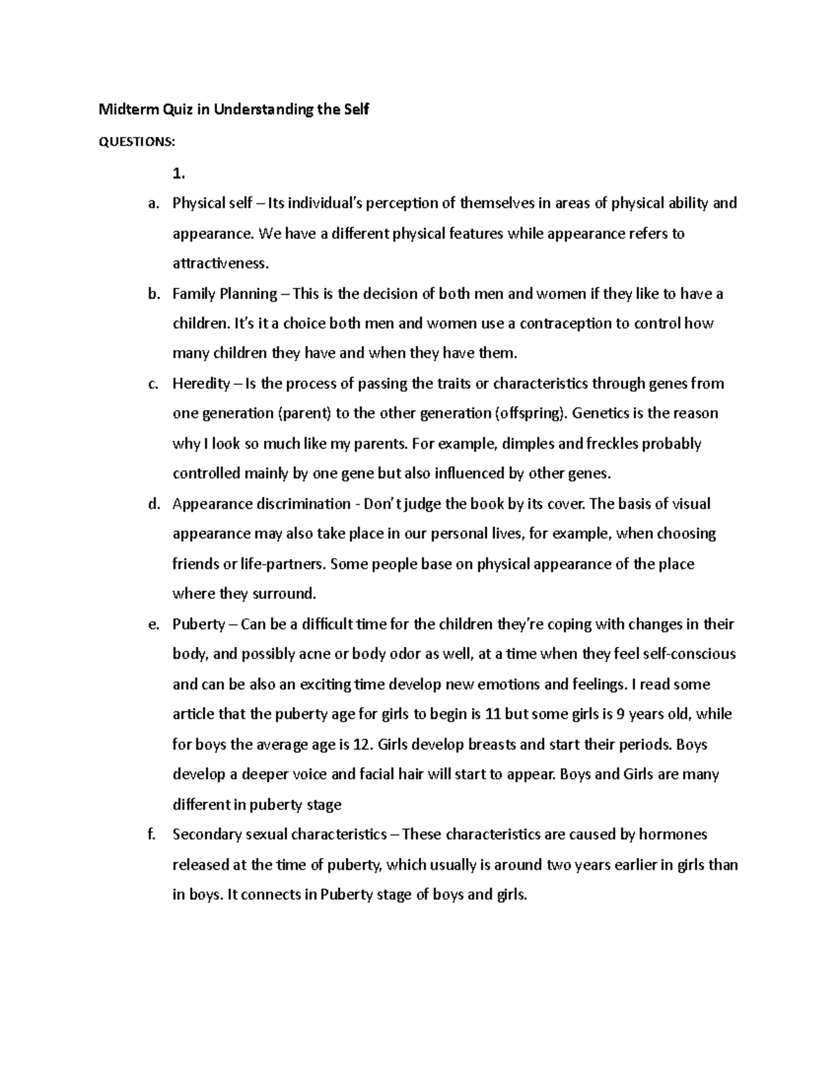 Quiz Understanding the Self - Answer key - Midterm Quiz in ...