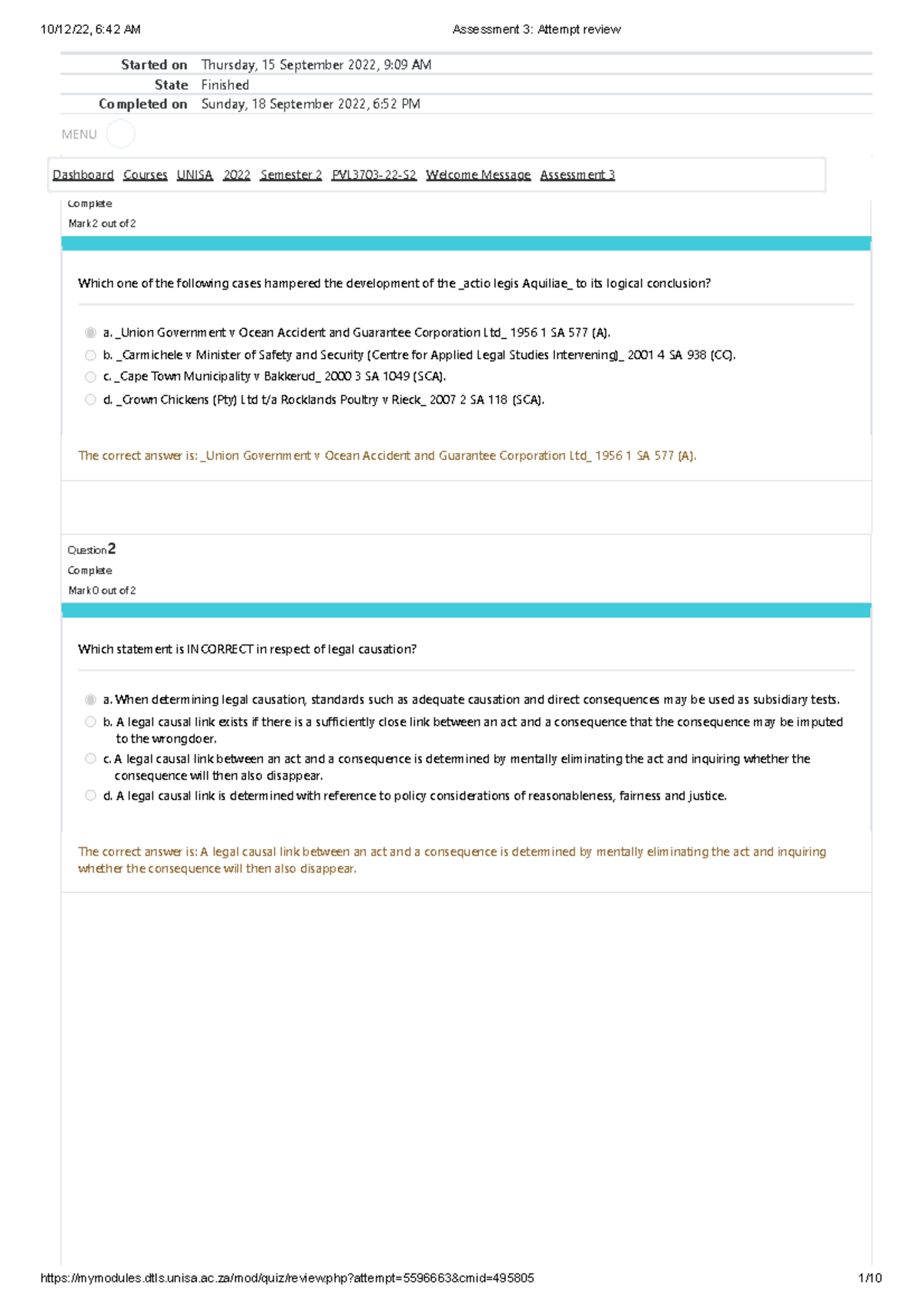 Assessment 3 Attempt review - Started on Thursday, 15 September 2022, 9 ...