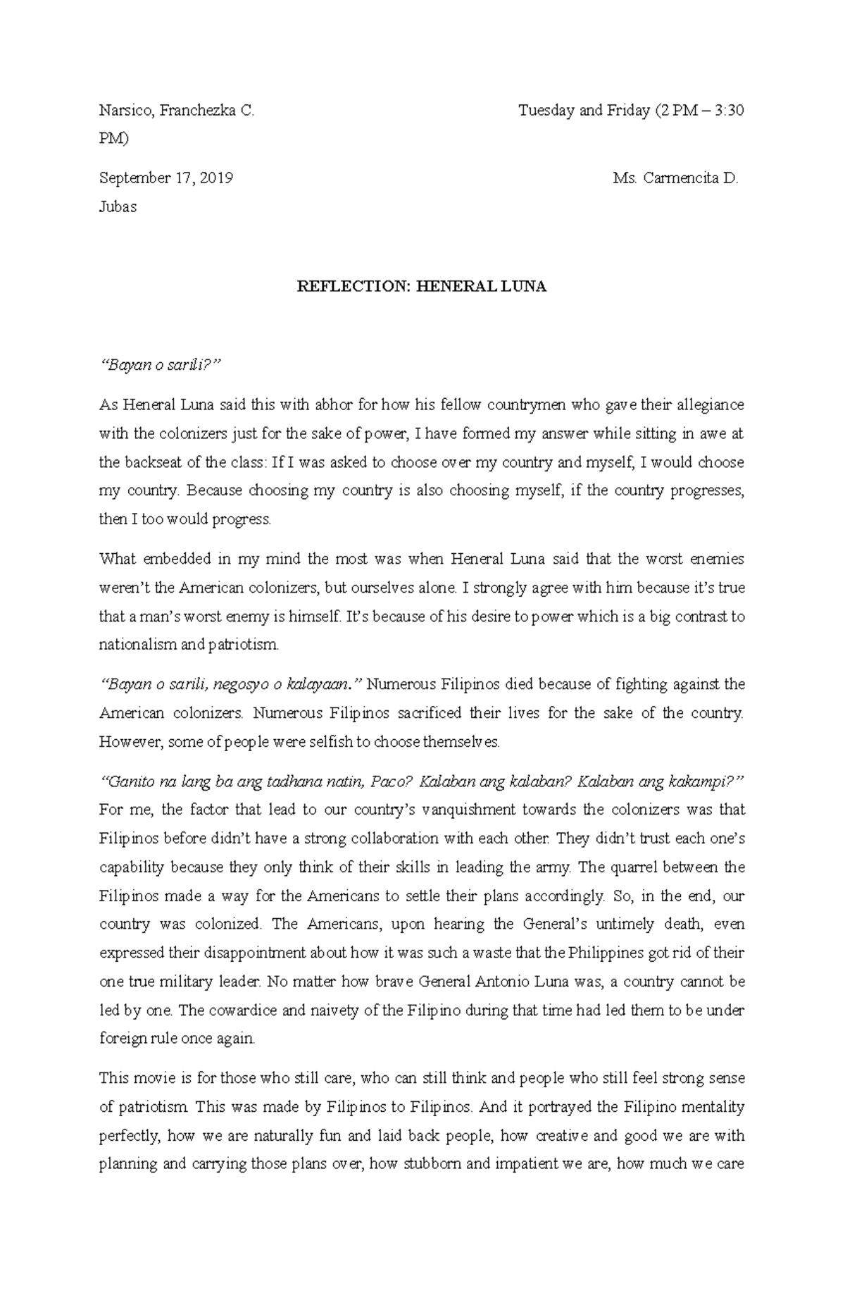 429963892 Rizal Reflections docx - Narsico, Franchezka C. Tuesday and Friday (2 PM – 3: PM ...