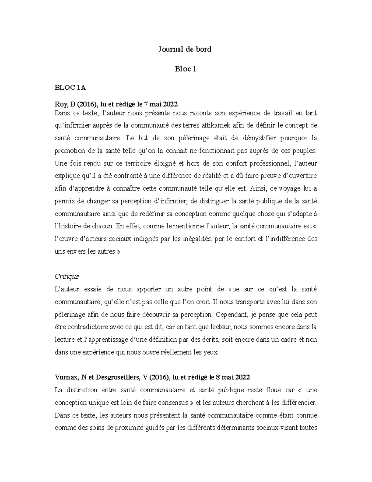Journal de bord bloc 1 - Journal de bord Bloc 1 BLOC 1A Roy, B (2016 ...