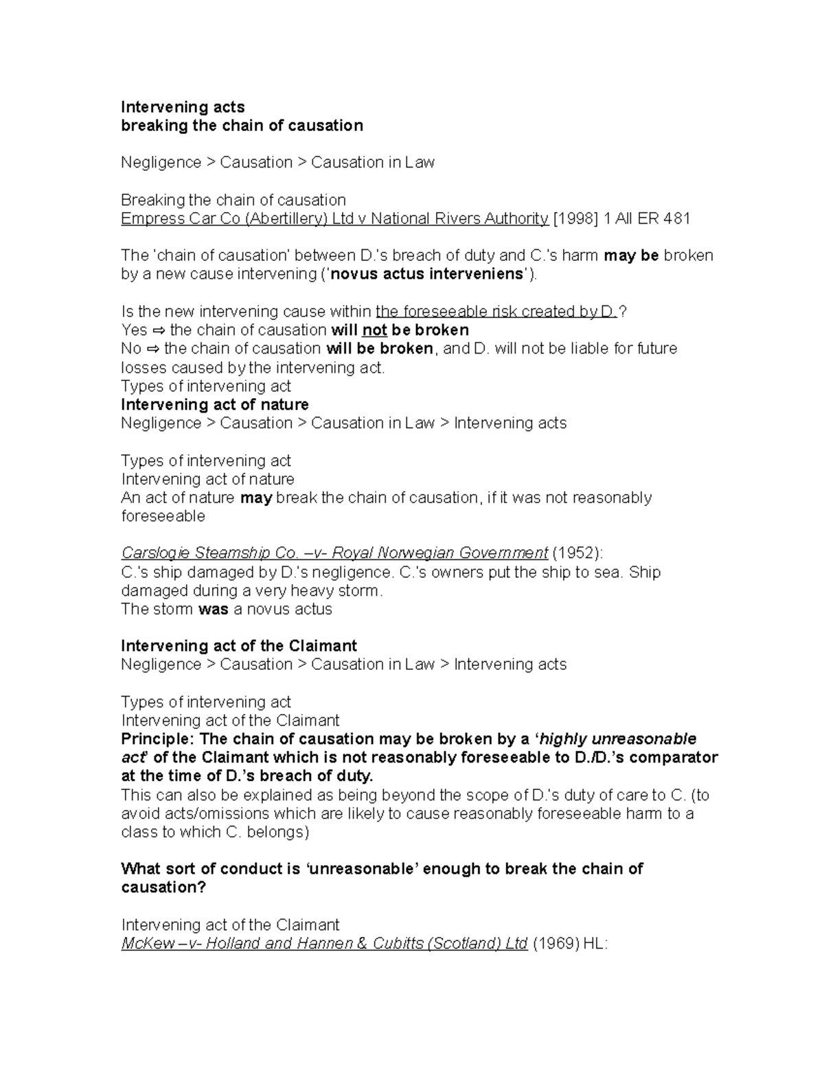 Intervening acts - Lecture notes 8 - Intervening acts breaking the ...