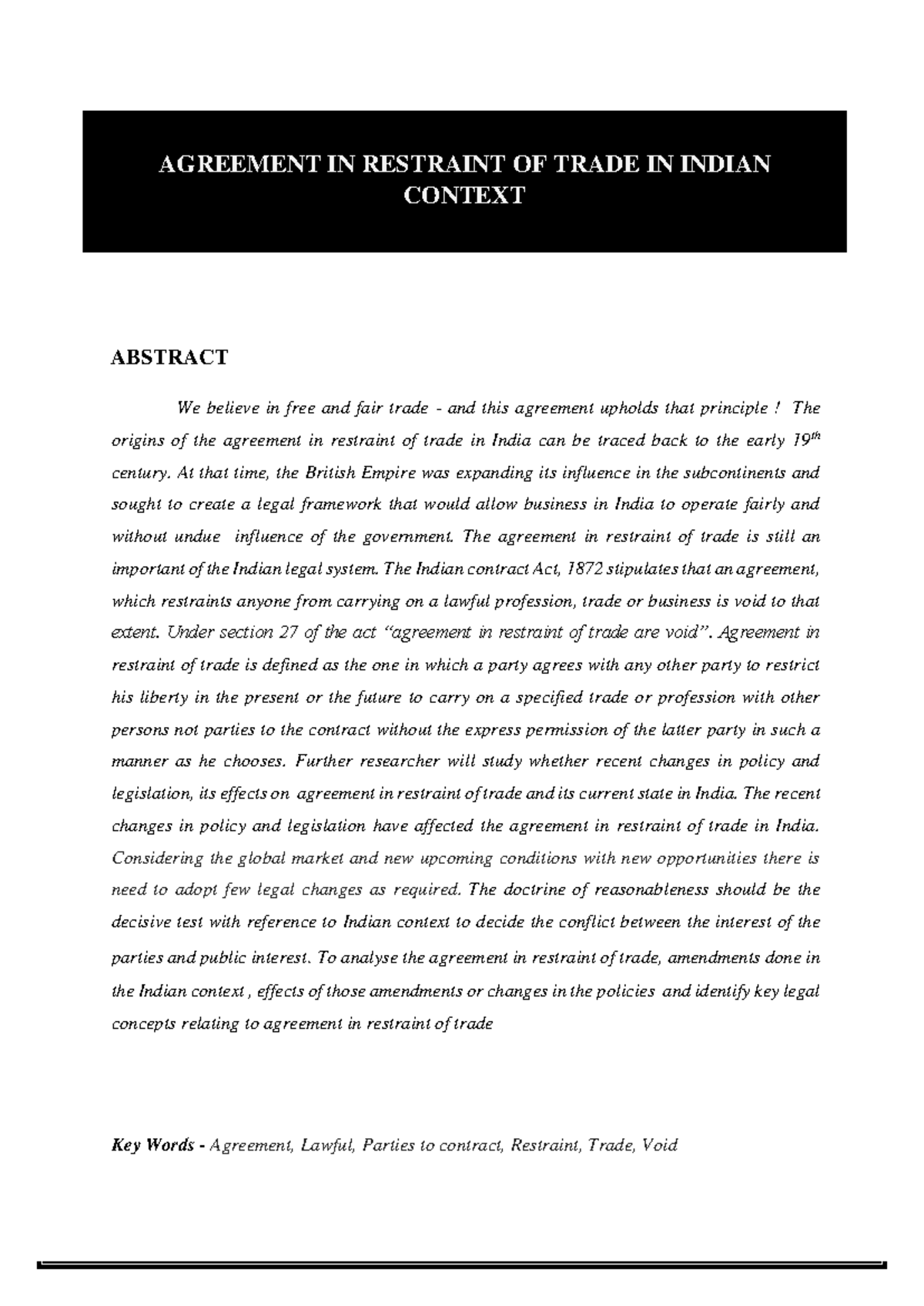 AGREEMENT IN RESTRAINT OF TRADE - ABSTRACT We believe in free and fair ...