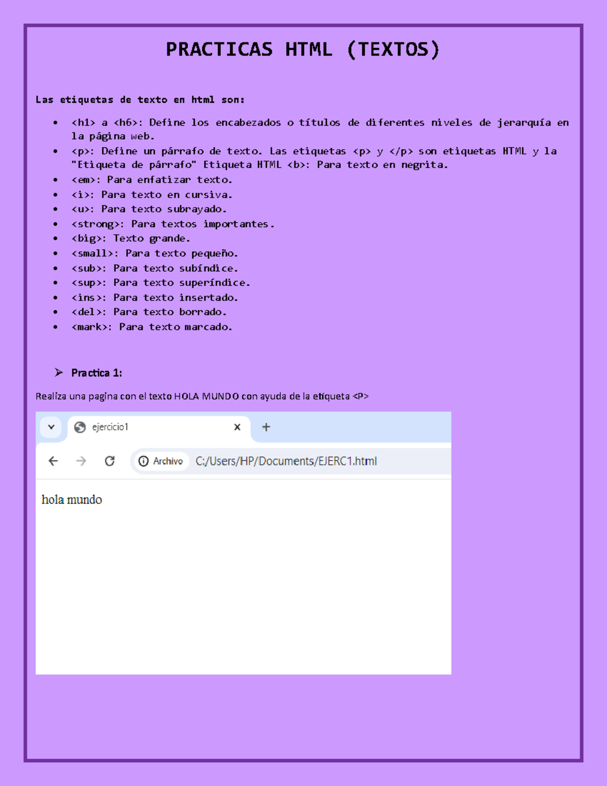 Html texos - mxm xxm - PRACTICAS HTML (TEXTOS) Las etiquetas de texto en html son: - a - Studocu