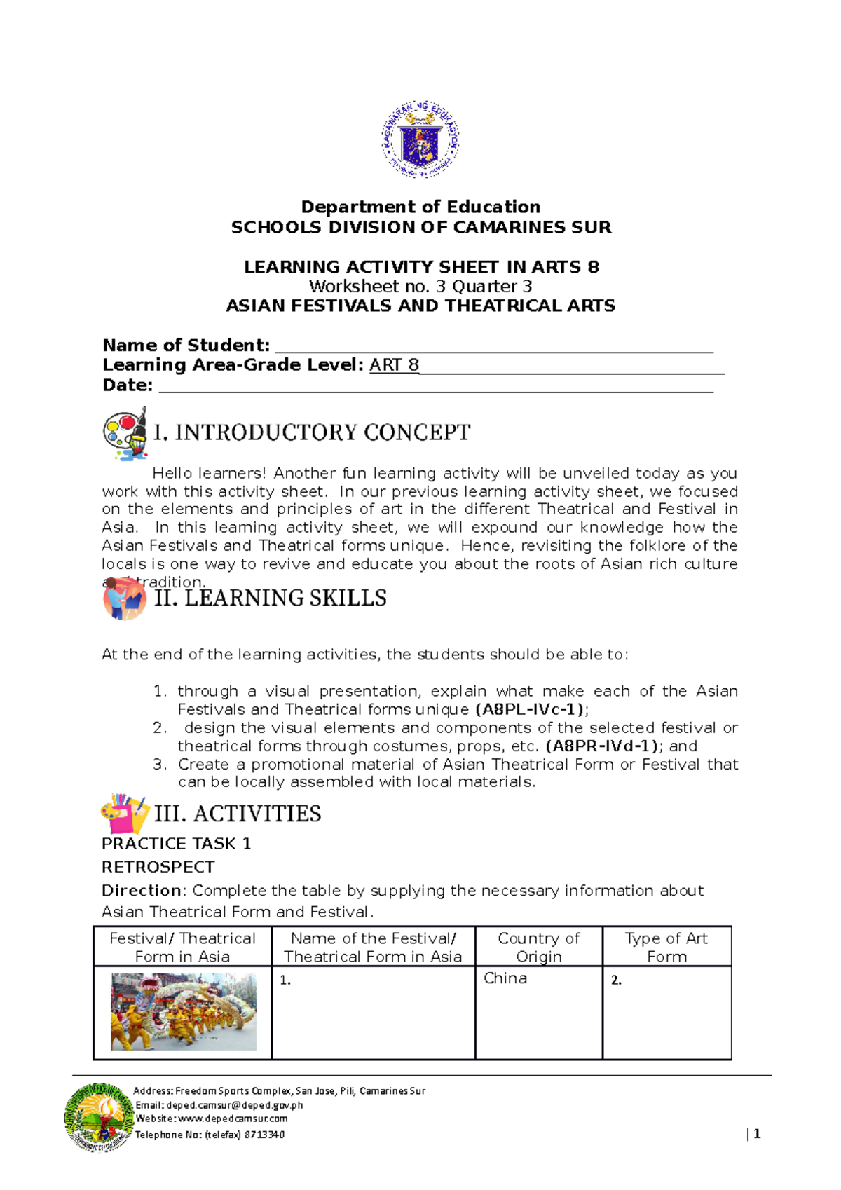 LAS3 W5-6 ART 8 Q4 Asian Festivals and Theatrical Arts - Department of ...
