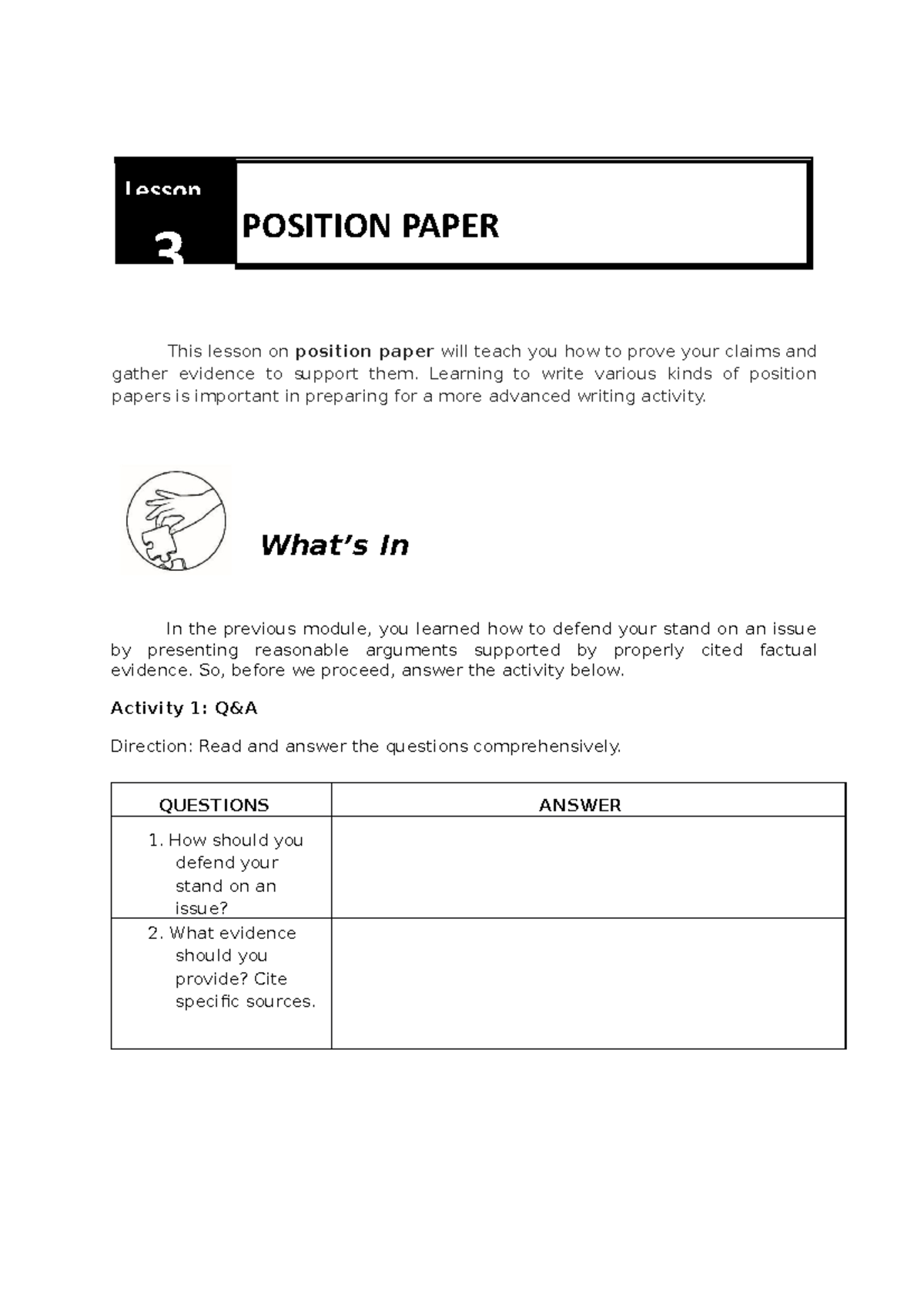 Lesson 3 - This lesson on position paper will teach you how to prove ...