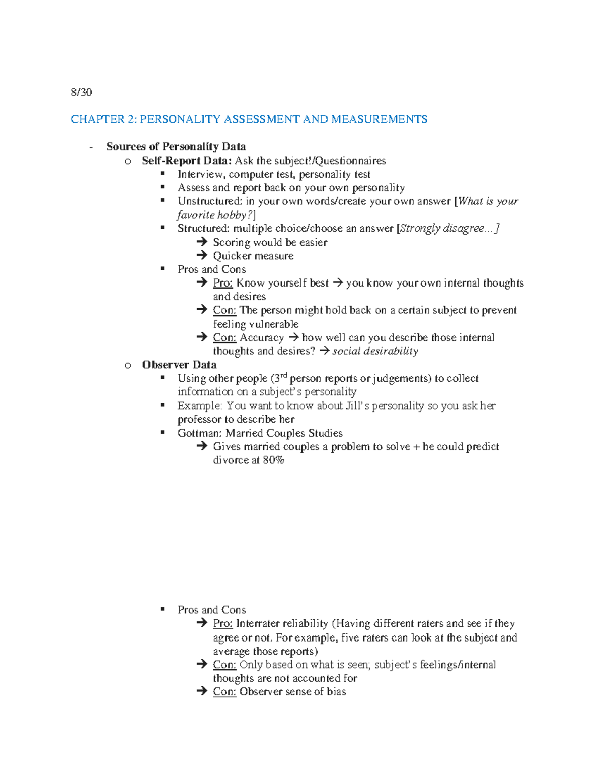 Psych of Personality 8/30 Notes - 8/ CHAPTER 2: PERSONALITY ASSESSMENT ...
