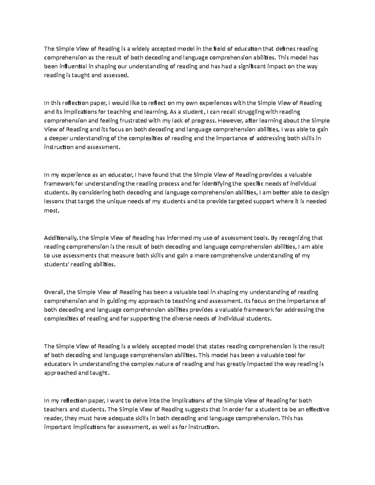 Reflection paper - The Simple View of Reading is a widely accepted ...